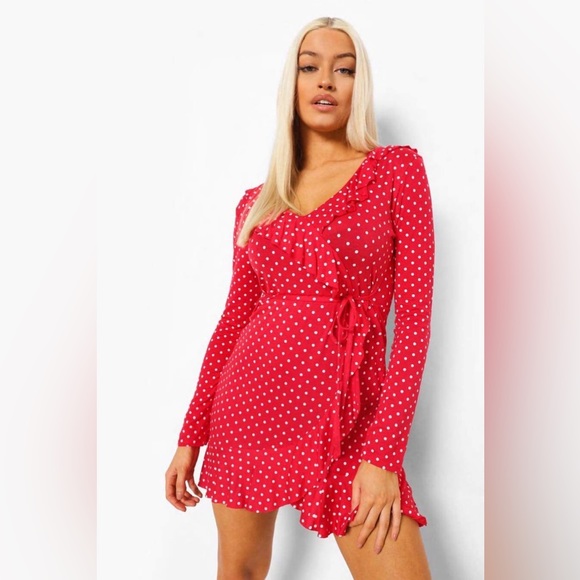 Boohoo | Dresses | Polka Dot Mini Wrap Dress Red And White Valentines ...